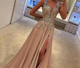 Tank Straps Pageant Dress, Slit Applique Prom Gown Dress on Luulla