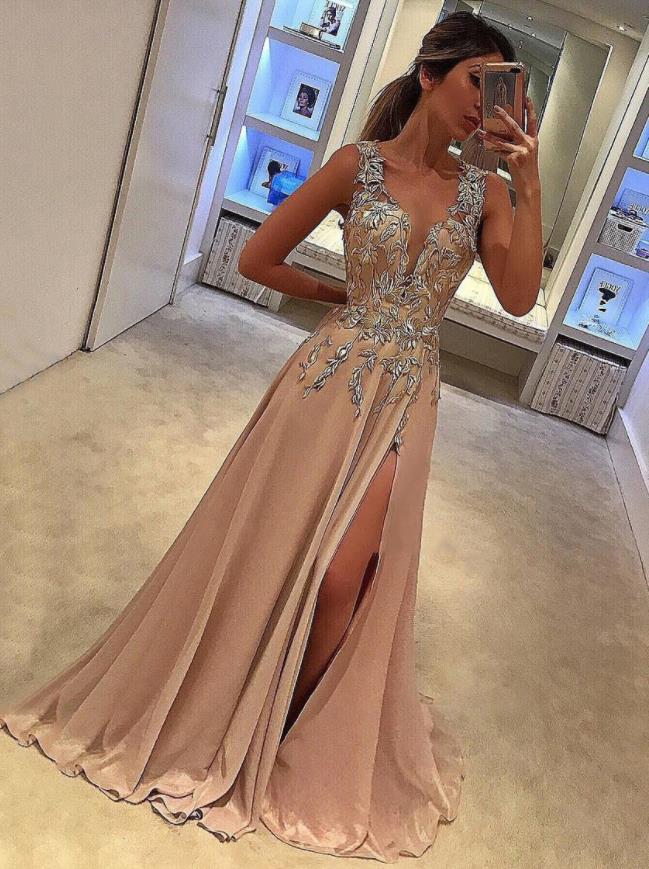 Tank Straps Pageant Dress, Slit Applique Prom Gown Dress on Luulla