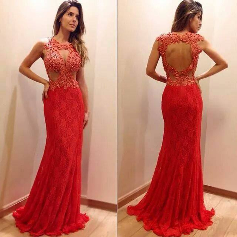 Prom Dresses, Red Lace Mermaid Prom Dresses, Open Back Prom Dress, Red ...